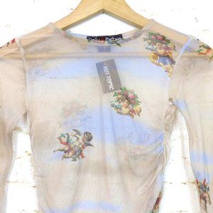 Hot Topic | Tops | Hot Topic Cherub Clouds Print Mesh Top Womens S Ivory Long Sleeve Ruching 9s ...